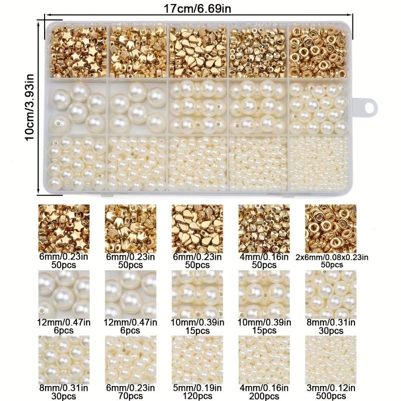 Box 10 x 17 cm Akrylvál arany és gyöngyház gyöngy készlet 1240 db ...