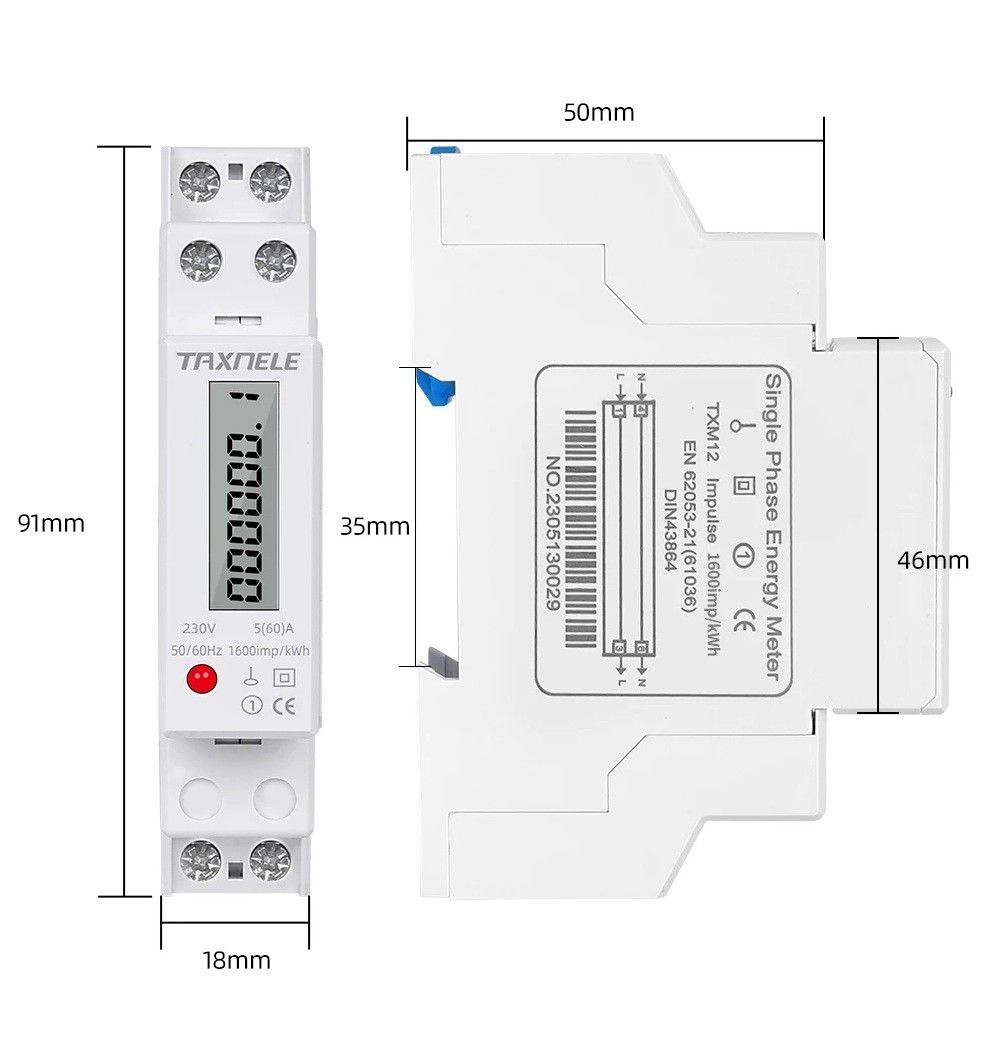 Elektromer 91 x 18 x 65 mm 230 V 5(60) A Jednofázový 1P 2 vodiče DIN 35 mm LCD digitálny displej ...