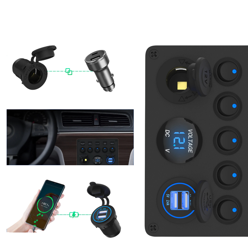 Multifunkčný panel 12V-24V s duálnou USB zásuvkou, voltmetrom, 12V ...