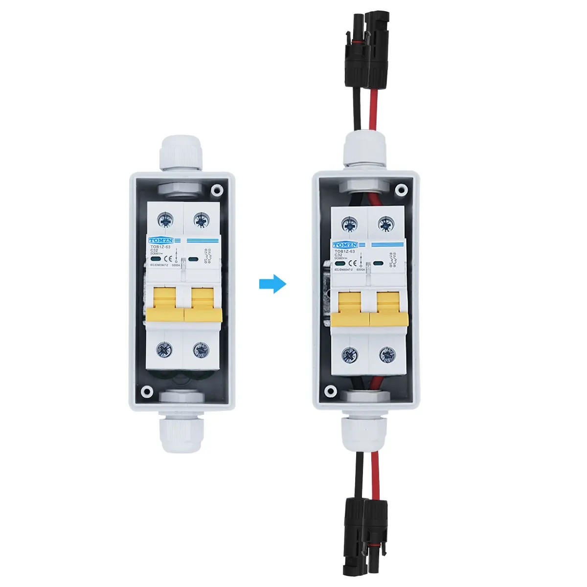 Solární fotovoltaický box IP65 2P 1000 V 40 A HT-2WAY 1 vstup 1 výstup Vodotěsný spojovací box s ...